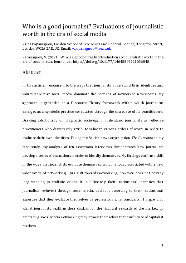 (PDF) Who is a good journalist? Evaluations of journalistic worth in ...