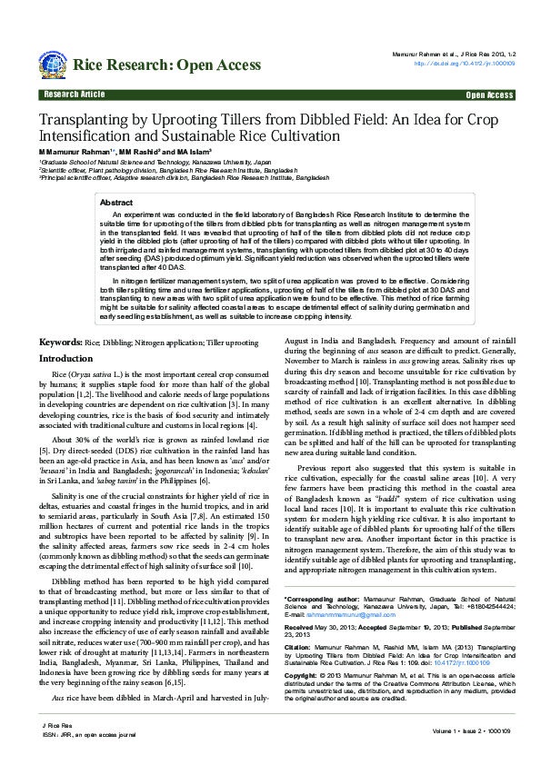 (PDF) Transplanting by Uprooting Tillers from Dibbled Field: An Idea ...