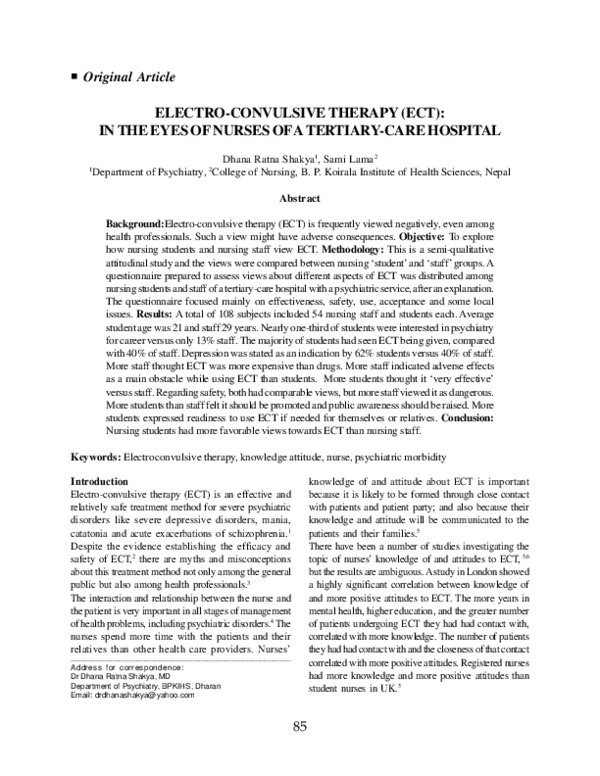 (PDF) Electro-Convulsive Therapy (ECT): In the Eyes of Nurses of a Tertiary-Care Hospital