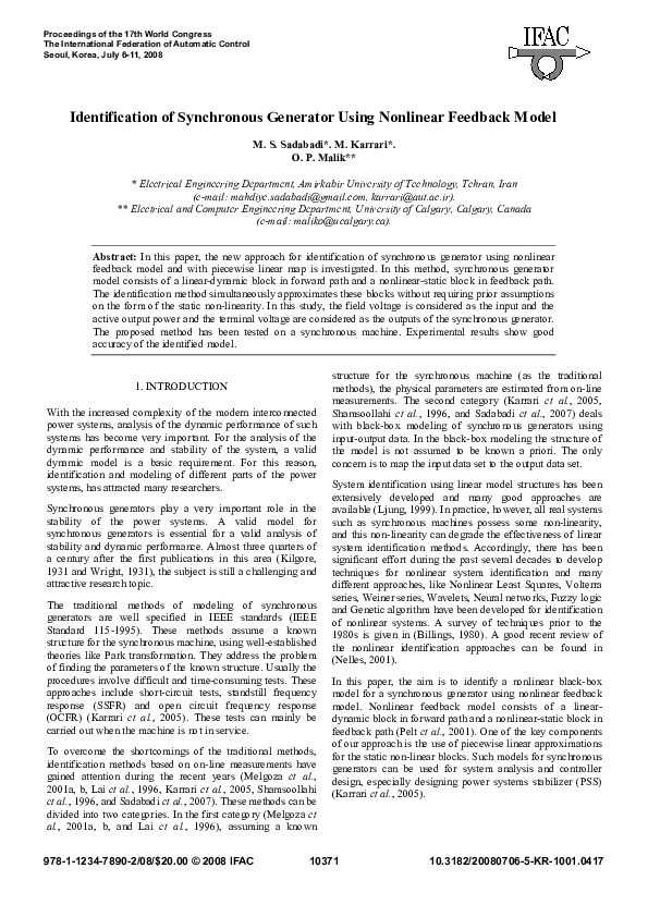Pdf Identification Of Synchronous Generator Using Nonlinear Feedback