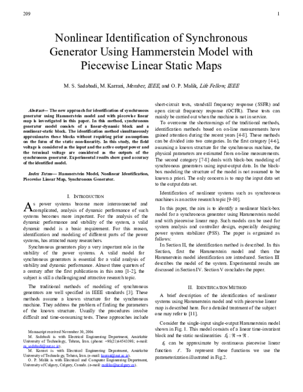 (PDF) Nonlinear Identification of Synchronous Generator Using Hammerstein Model with Piecewise ...