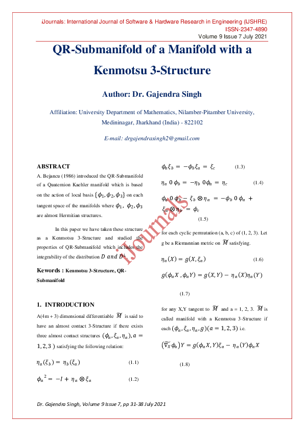 (PDF) QR-Submanifold of a Manifold with a Kenmotsu 3-Structure | iJOURNALS PUBLICATIONS IJSHRE ...