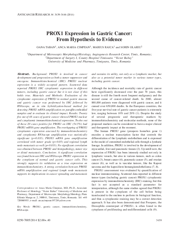 (PDF) PROX1 Expression in Gastric Cancer: From Hypothesis to Evidence