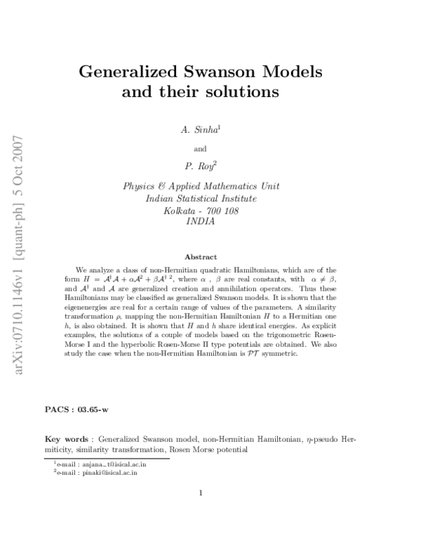 (PDF) Generalized Swanson models and their solutions