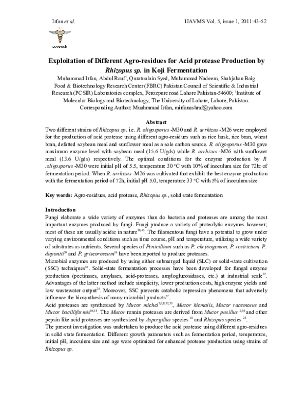 (PDF) Exploitation of Different Agro-residues for Acid protease Production by Rhizopus sp. in ...
