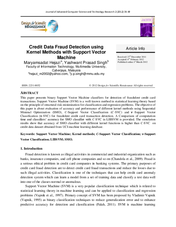 (PDF) Credit Data Fraud Detection using Kernel Methods with Support Vector Machine