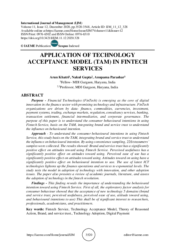 (PDF) APPLICATION OF TECHNOLOGY ACCEPTANCE MODEL (TAM) IN FINTECH SERVICES