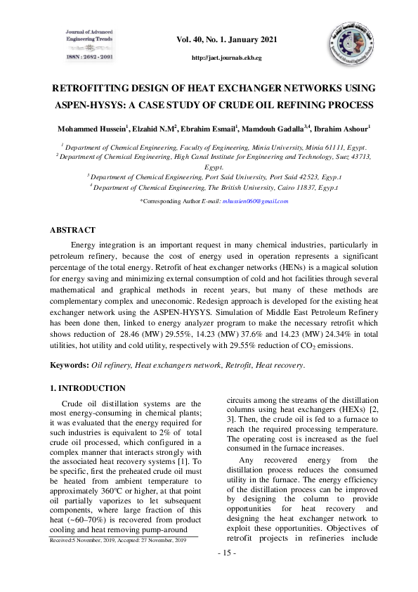 (PDF) Retrofitting Design of Heat Exchanger Networks Using Aspen-Hysys: A Case Study of Crude ...