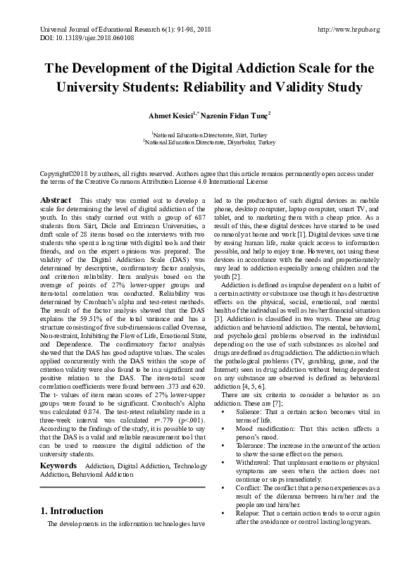 (PDF) The Development of the Digital Addiction Scale for the University ...