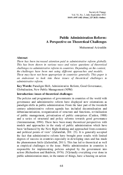 (PDF) Public Administration Reform: A Perspective on Theoretical Challenges