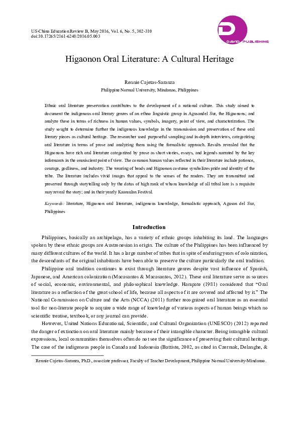 (PDF) Higaonon Oral Literature: A Cultural Heritage