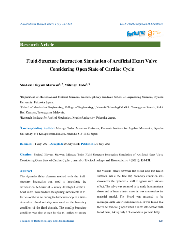 Pdf Fluid Structure Interaction Simulation Of Artificial Heart Valve Considering Open State Of
