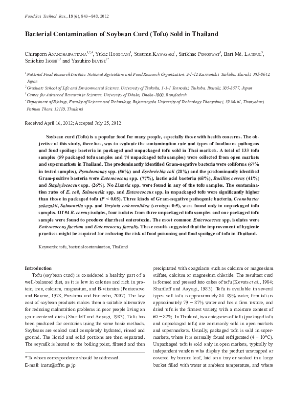 (PDF) Bacterial Contamination of Soybean Curd (Tofu) Sold in Thailand