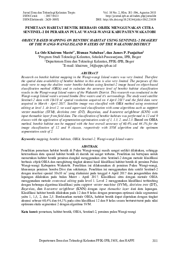 (PDF) Pemetaan Habitat Bentik Berbasis Objek Menggunakan Citra SENTINEL ...