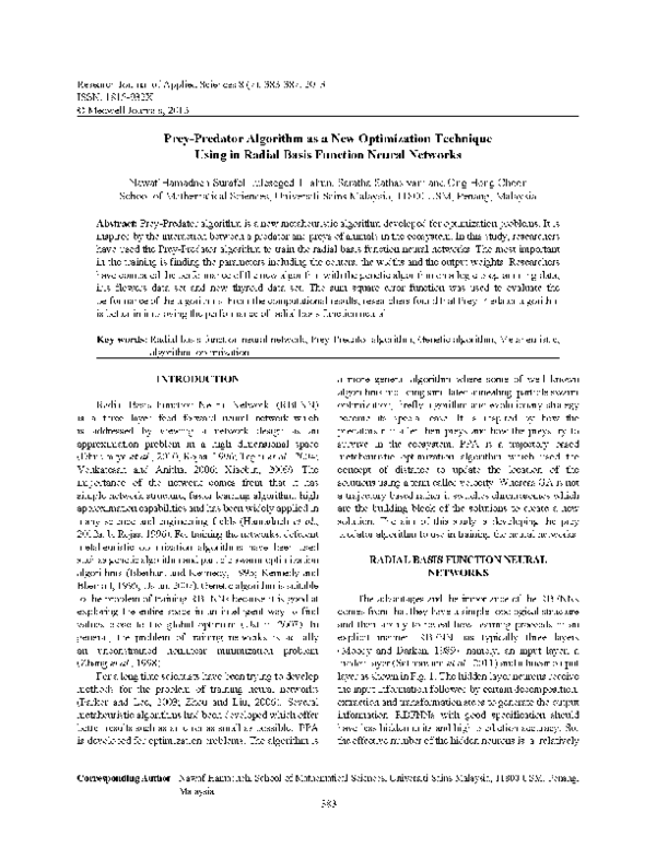Pdf Prey Predator Algrorithm As A New Optimization Technique Using In Radia Basis Function