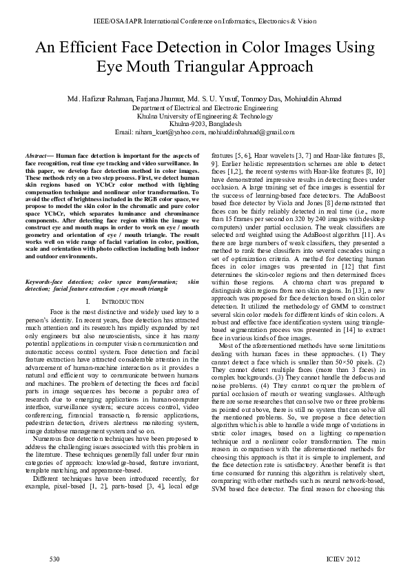 Pdf An Efficient Face Detection In Color Images Using Eye Mouth Triangular Approach Dr