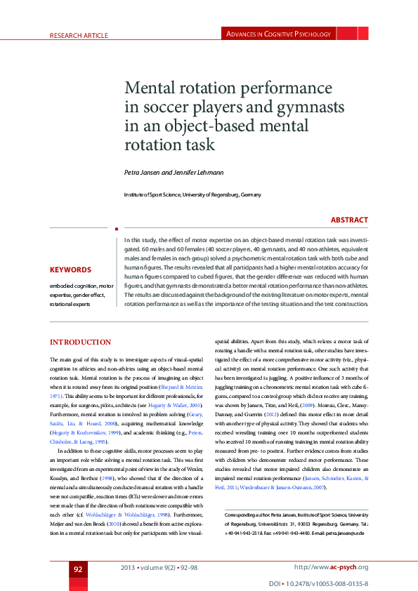 (PDF) Mental rotation performance in soccer players and gymnasts in an object-based mental ...