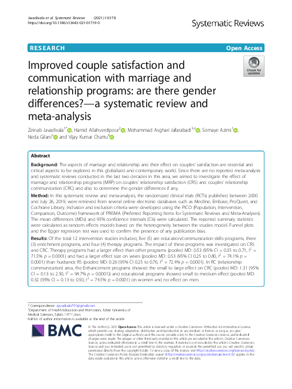 Pdf Improved Couple Satisfaction And Communication With Marriage And Relationship Programs