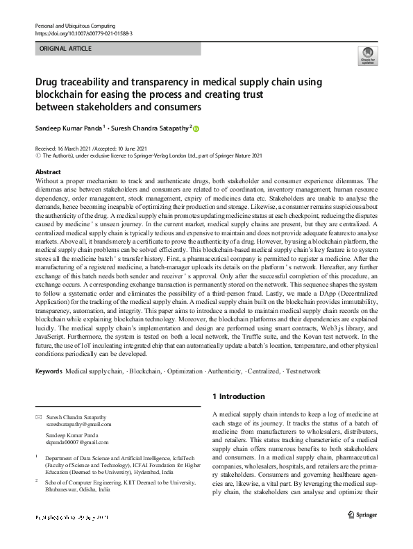Pdf Drug Traceability And Transparency In Medical Supply Chain Using Blockchain For Easing The 