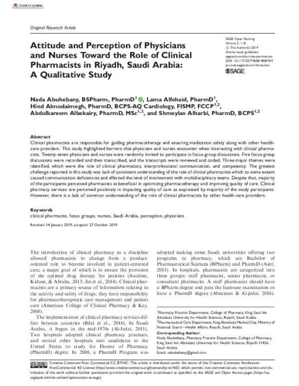 (PDF) Attitude and Perception of Physicians and Nurses Toward the Role of Clinical Pharmacists ...