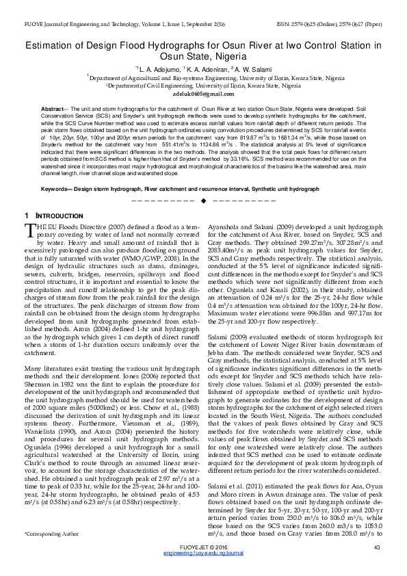 (PDF) Estimation of Design Flood Hydrographs for Osun River at Iwo Control Station in Osun State ...