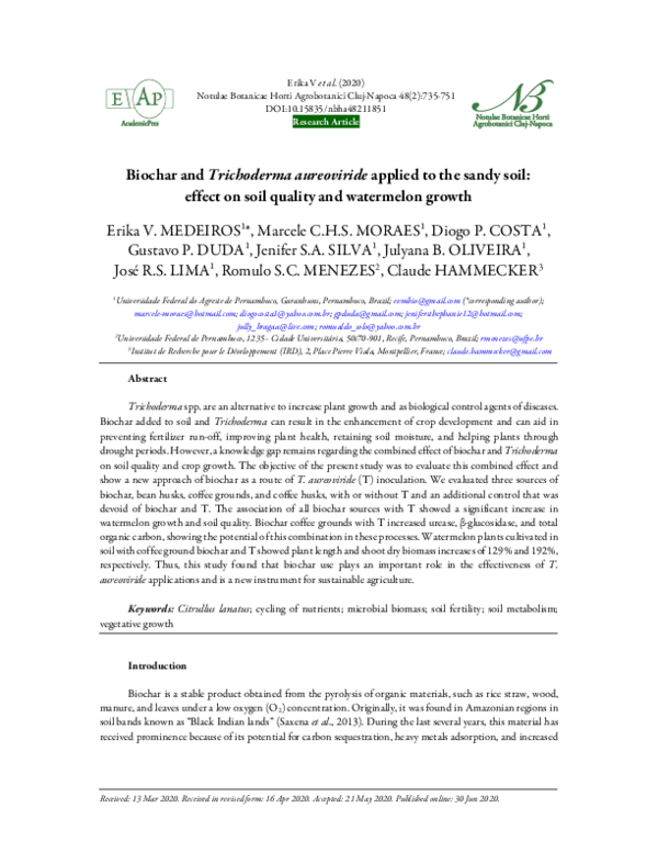 (PDF) Biochar and Trichoderma aureoviride applied to the sandy soil: effect on soil quality and ...