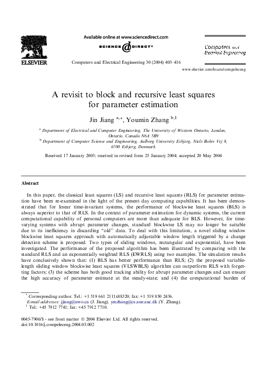 Pdf A Revisit To Block And Recursive Least Squares For Parameter Estimation Youmin Zhang