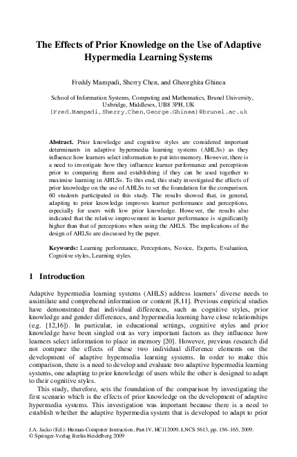 (PDF) The Effects of Prior Knowledge on the Use of Adaptive Hypermedia Learning Systems