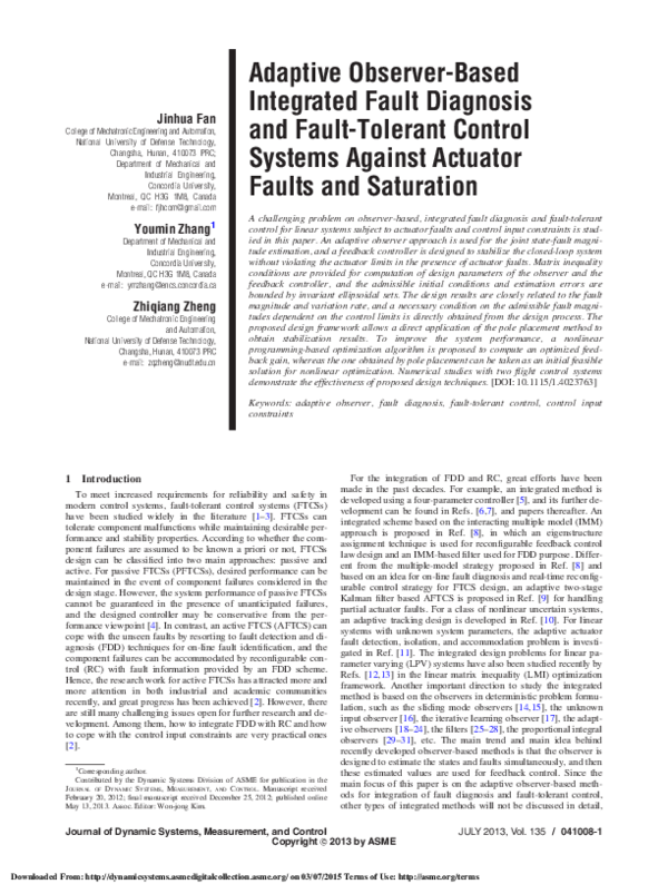 (PDF) Adaptive Observer-Based Integrated Fault Diagnosis and Fault-Tolerant Control Systems ...