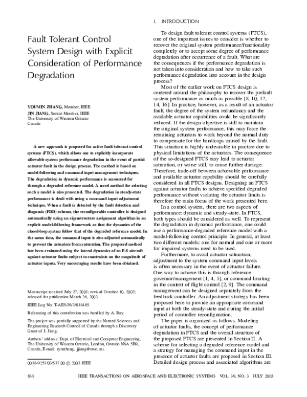 Pdf Accepting Performance Degradation In Fault Tolerant Control System Design Youmin Zhang