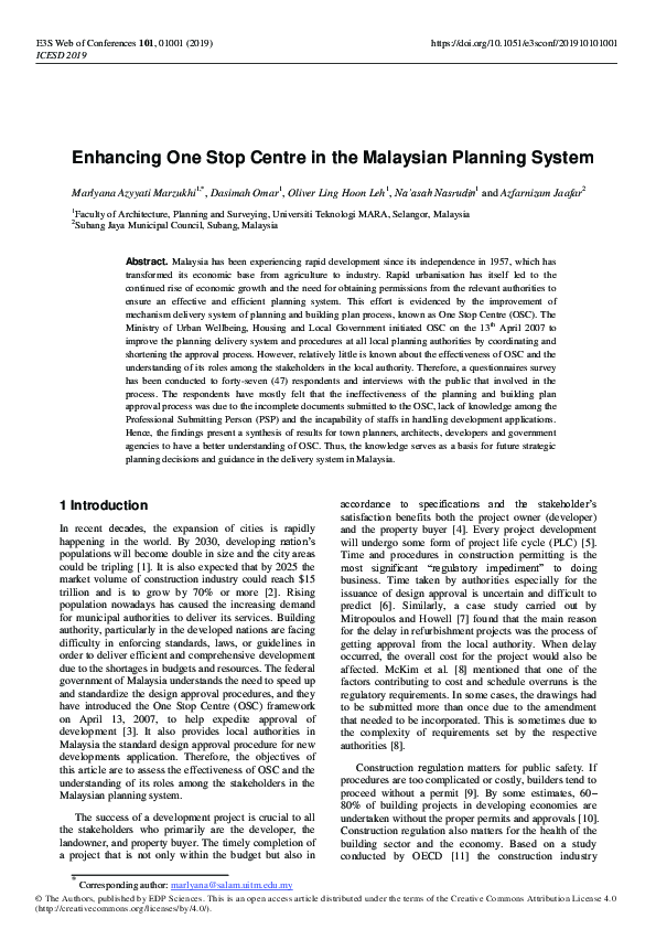 (PDF) Enhancing One Stop Centre in the Malaysian Planning System