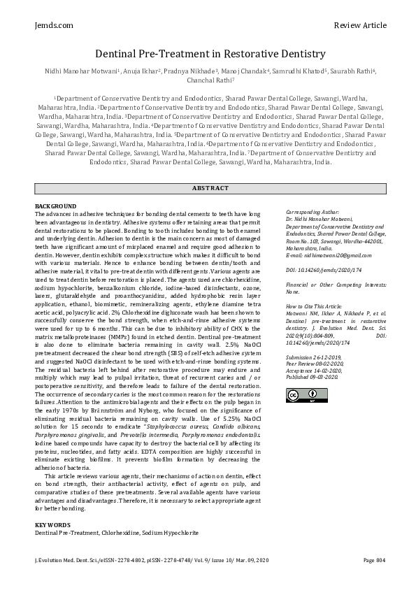 (PDF) Dentinal Pre-Treatment in Restorative Dentistry
