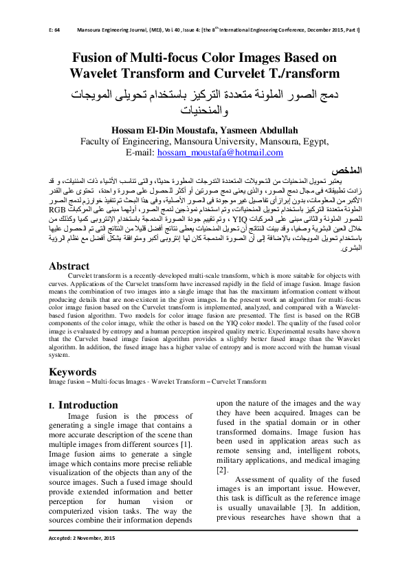Pdf Fusion Of Multi Focus Color Images Based On Wavelet Transform And Curvelet Transform