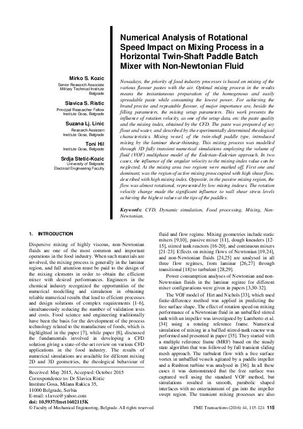 Pdf Numerical Analysis Of Rotational Speed Impact On Mixing Process In A Horizontal Twin Shaft