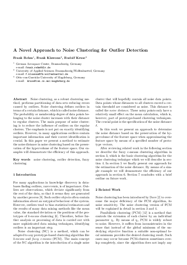 (PDF) A Novel Approach to Noise Clustering for Outlier Detection