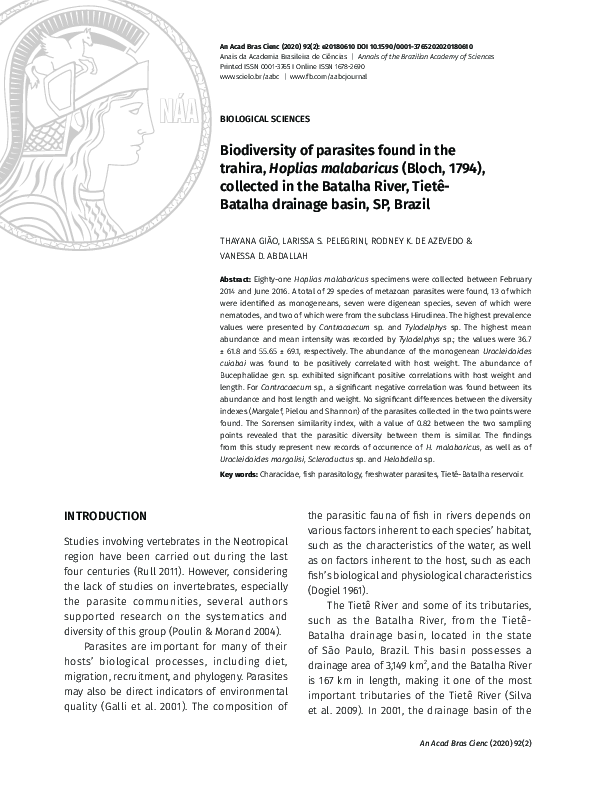 (PDF) Biodiversity of parasites found in the trahira, Hoplias ...
