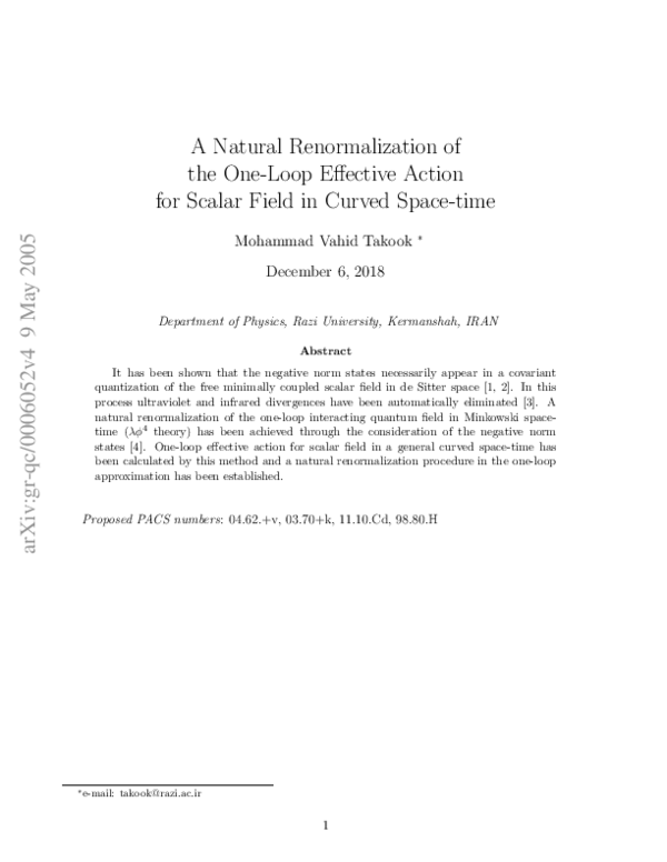 Pdf A Natural Renormalization Of The One Loop Effective Action For Scalar Field In Curved