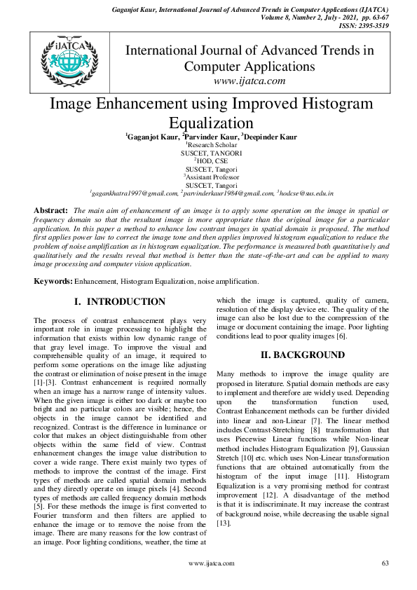 (PDF) Image Enhancement using Improved Histogram Equalization
