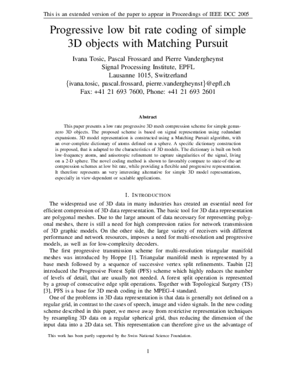 Pdf Progressive Low Bit Rate Coding Of Simple 3d Objects With Matching Pursuit