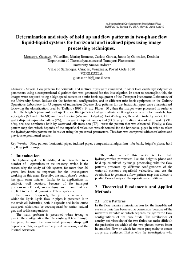 (PDF) Determination and study of hold up and flow patterns in two-phase flow liquid-liquid ...