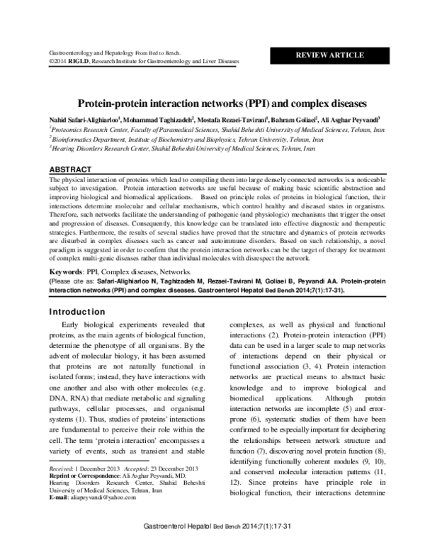 Pdf Protein Protein Interaction Networks Ppi And Complex Diseases Bahram Goliaei