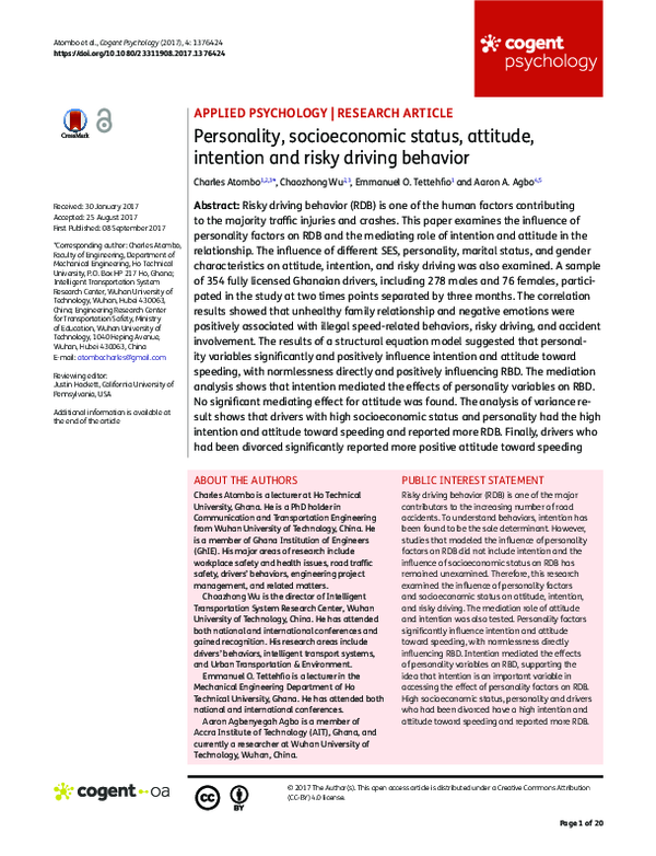 (PDF) Personality, socioeconomic status, attitude, intention and risky driving behavior