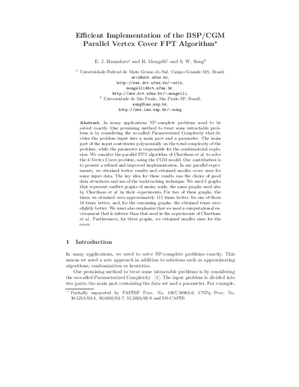 Pdf Efficient Implementation Of The Bspcgm Parallel Vertex Cover Fpt Algorithm Henrique 