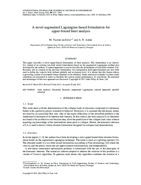 (PDF) A novel augmented Lagrangian-based formulation for upper-bound limit analysis | Armando ...