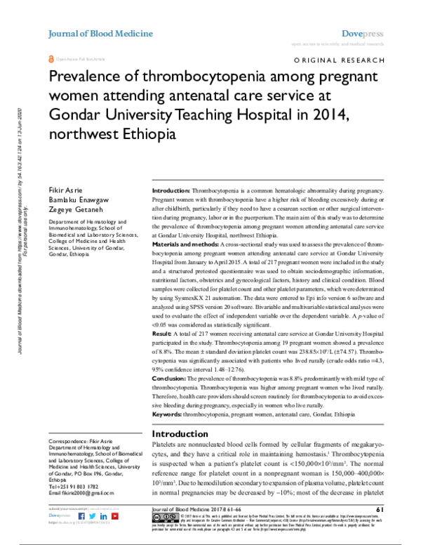 (PDF) Prevalence of thrombocytopenia among pregnant women attending ...