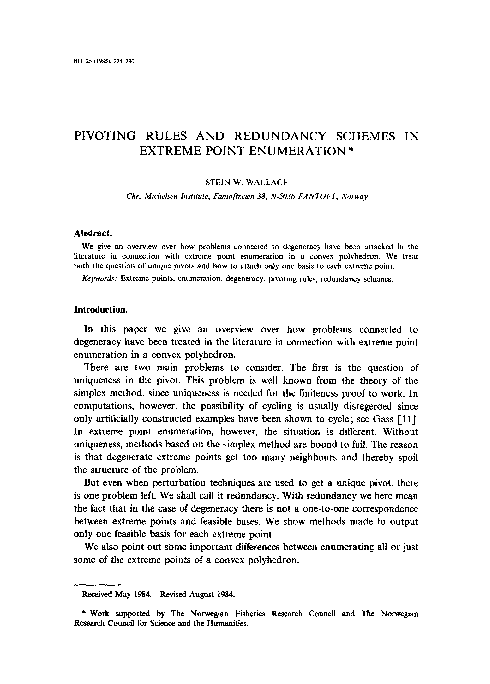 (PDF) Pivoting rules and redundancy schemes in extreme point enumeration