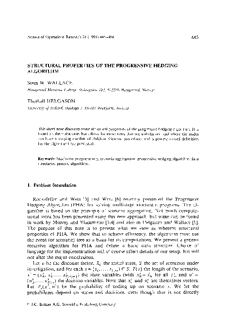 Pdf Structural Properties Of The Progressive Hedging Algorithm Stein W Wallace