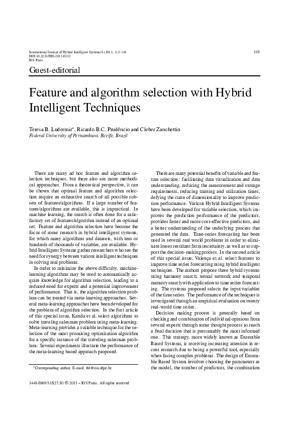 (PDF) Feature and algorithm selection with Hybrid Intelligent Techniques