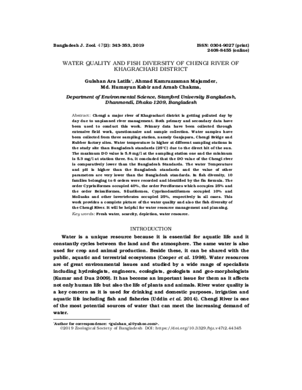 (PDF) Water quality and fish diversity of Chengi river of Khagrachari ...