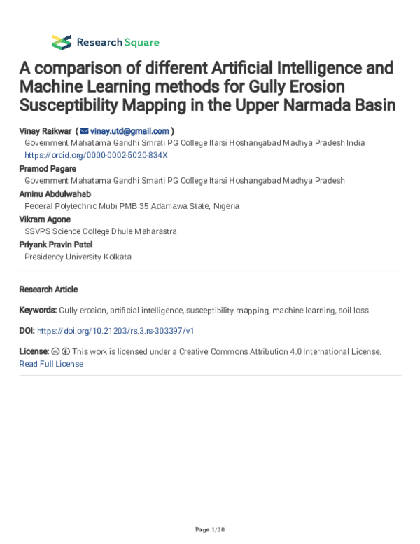 (PDF) A comparison of different Arti cial Intelligence and Machine Learning methods for Gully ...
